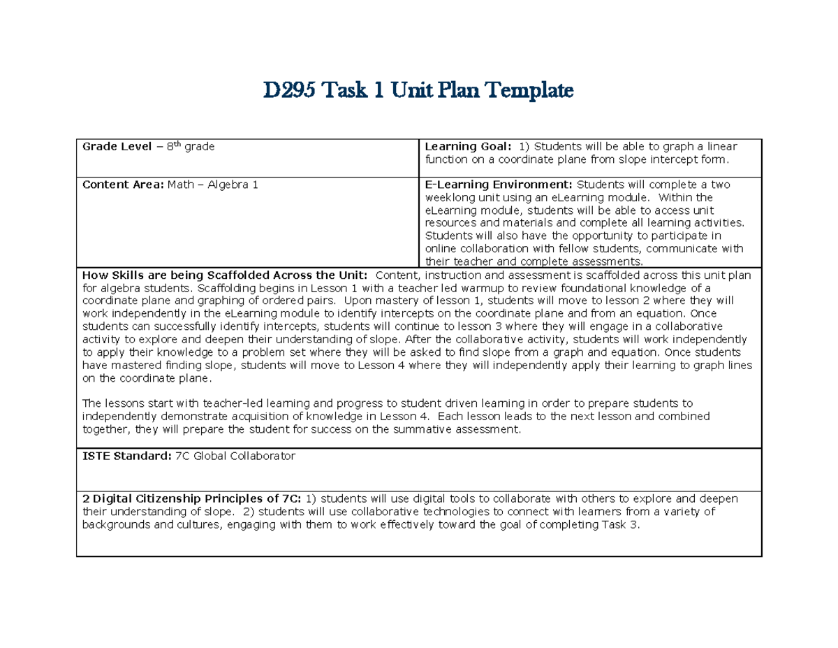 D295 Task 1: 8th Grade Algebra 1 Unit Plan for Graphing Functions - Studocu