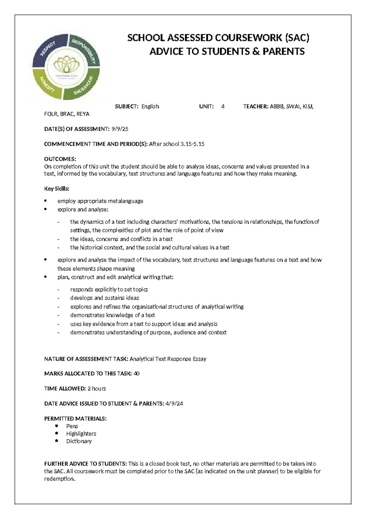Yr 12 SAC Advice for Parents: Analytical Text Response Unit 4 - Studocu