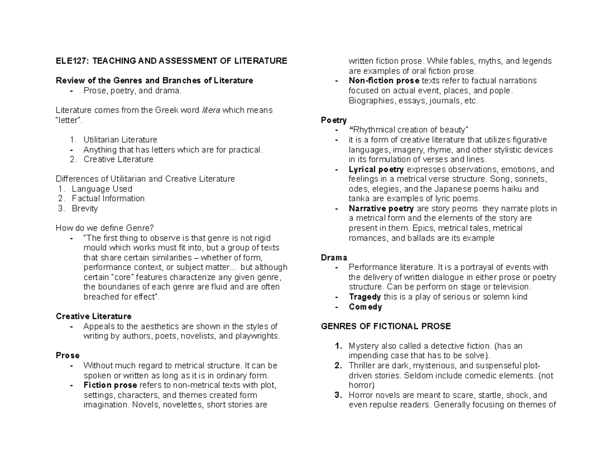 ELE127 - Comprehensive Guide on Literature Teaching & Assessment - Studocu