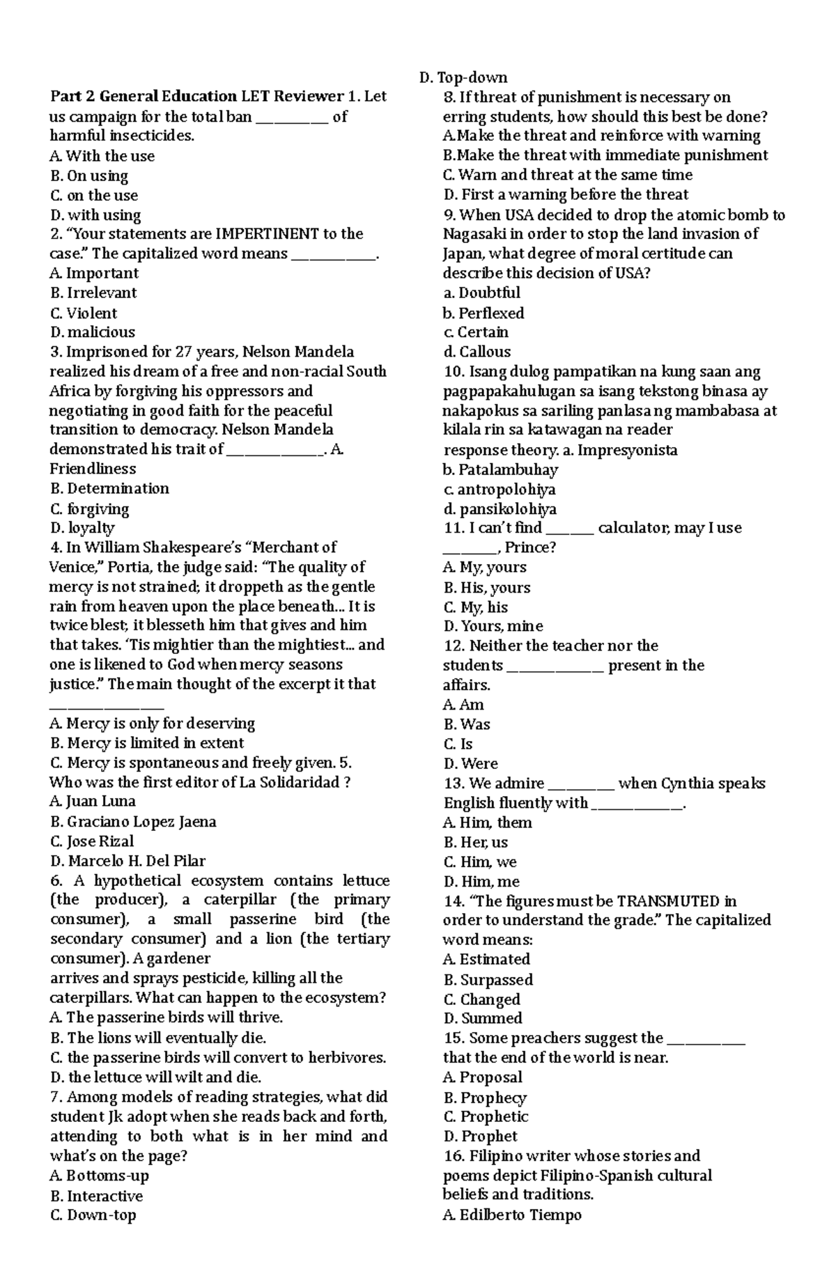 English LET reviewer - Part 2 General Education LET Reviewer 1. Let us ...