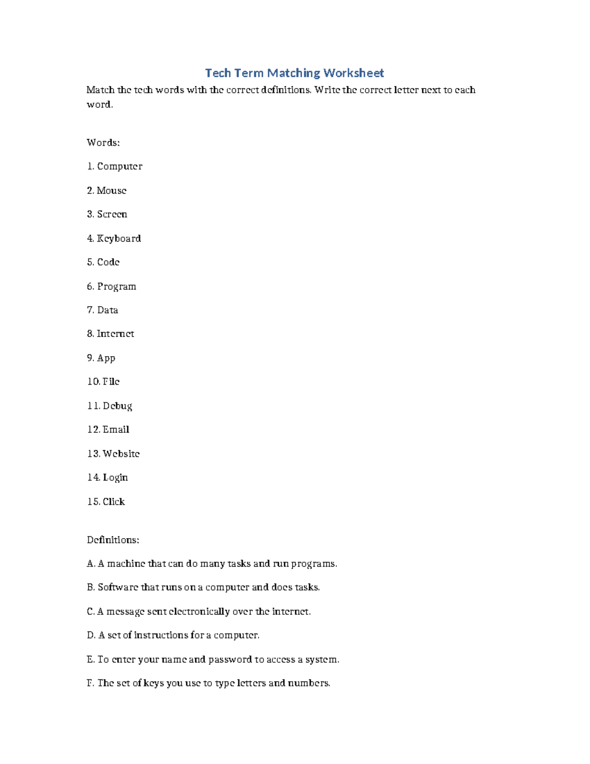 Tech Term Matching Worksheet: Definitions & Terms - Studocu
