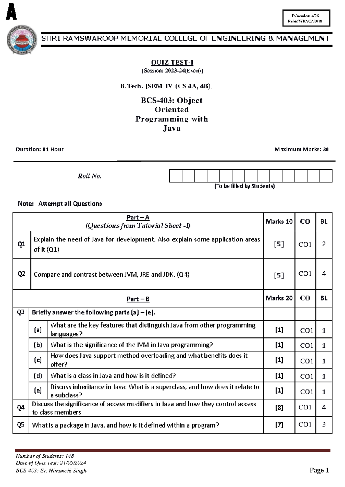 BCS 403: OOP with Java Quiz - B.Tech IV (CS 4A) Practice Paper - Studocu