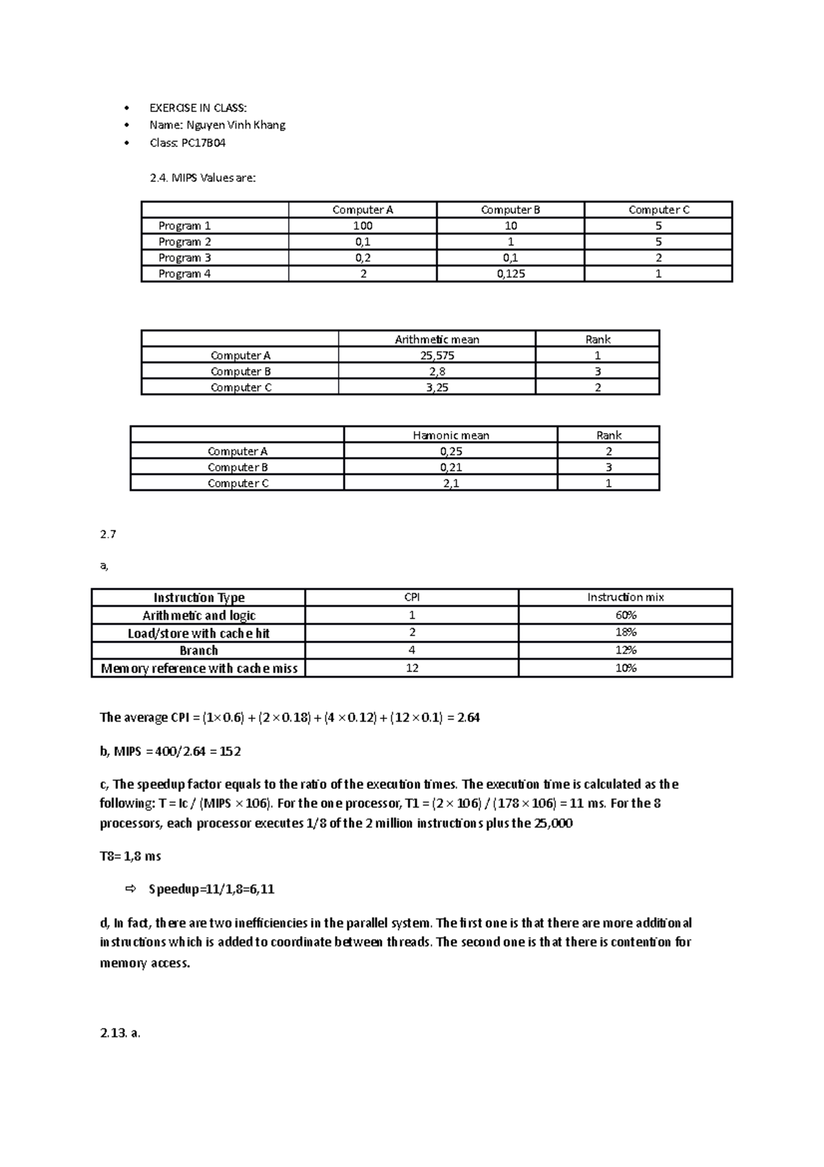 CEA exercise 1 - none - EXERCISE IN CLASS: Name: Nguyen Vinh Khang ...