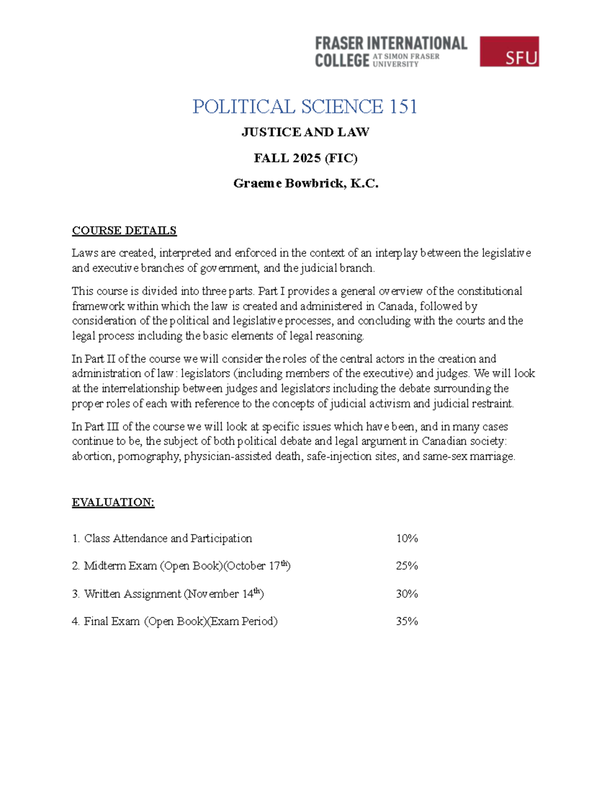 POLITICAL SCIENCE 151: JUSTICE AND LAW SYLLABUS FALL 2025 - Studocu