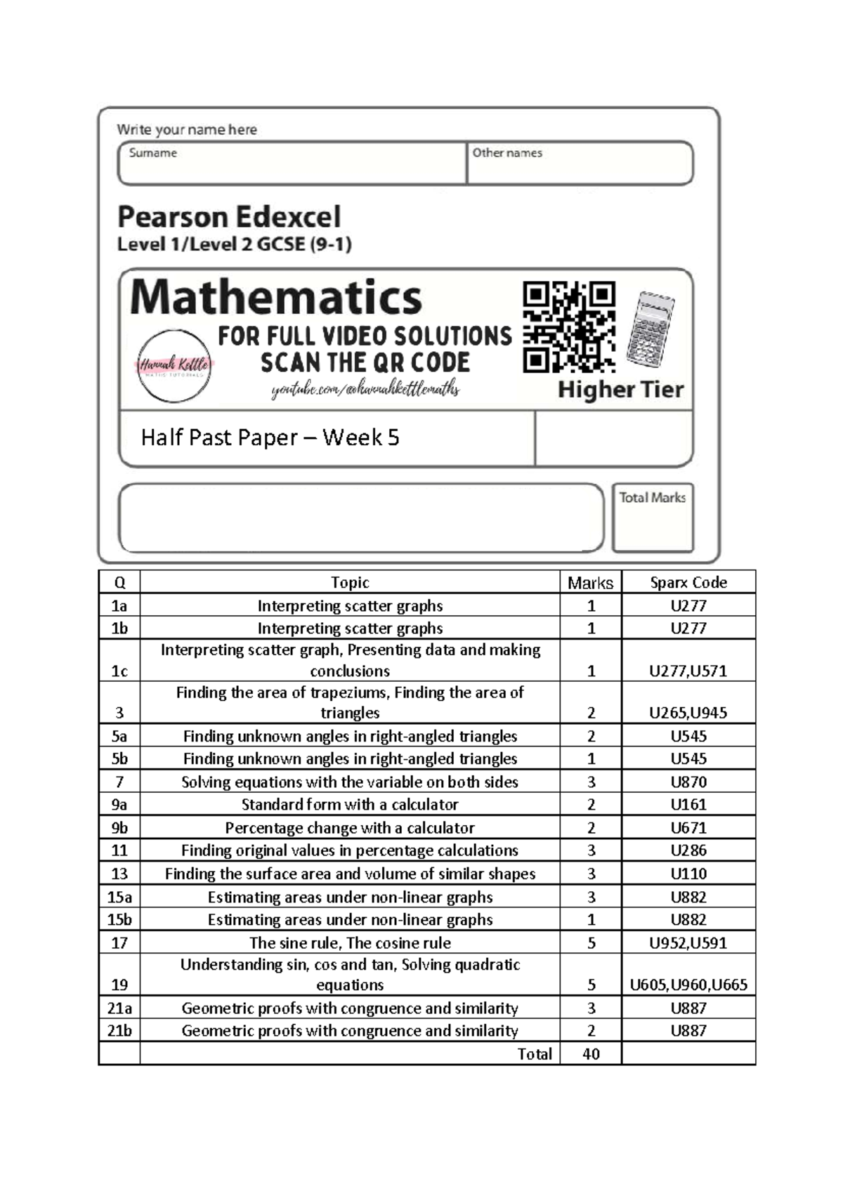 Half Past Paper Week 5: Scatter Graphs, Geometry & Equations U277, U265 ...