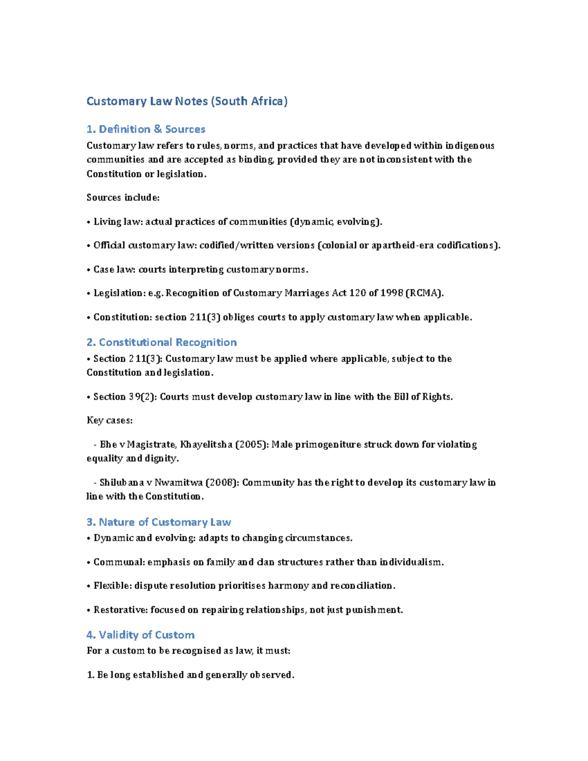 Customary Law Notes (SA) - Definition, Sources & Recognition - Studocu