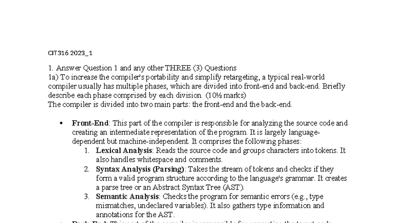 CIT316 2023_1 Compiler Design: Answered Past Questions - Studocu