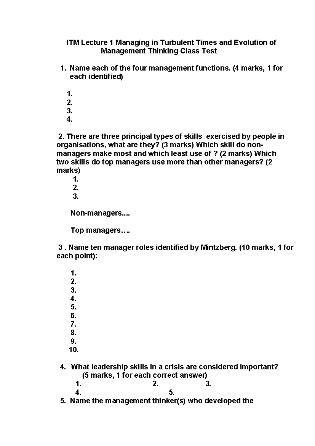 ITM - Lecture 1 Class Test: Management Functions & Skills Overview ...