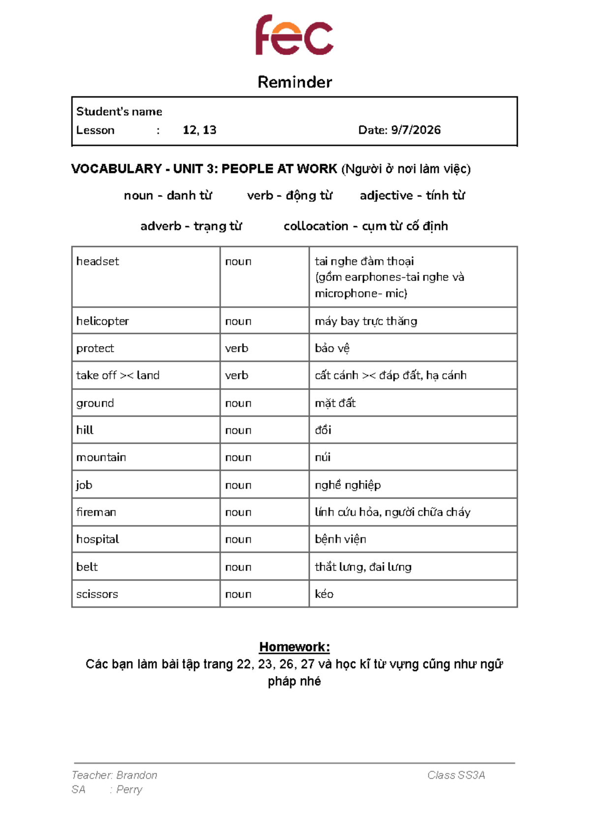 Reminder Lesson SS3A: Vocabulary Unit 3 - People at Work - Studocu