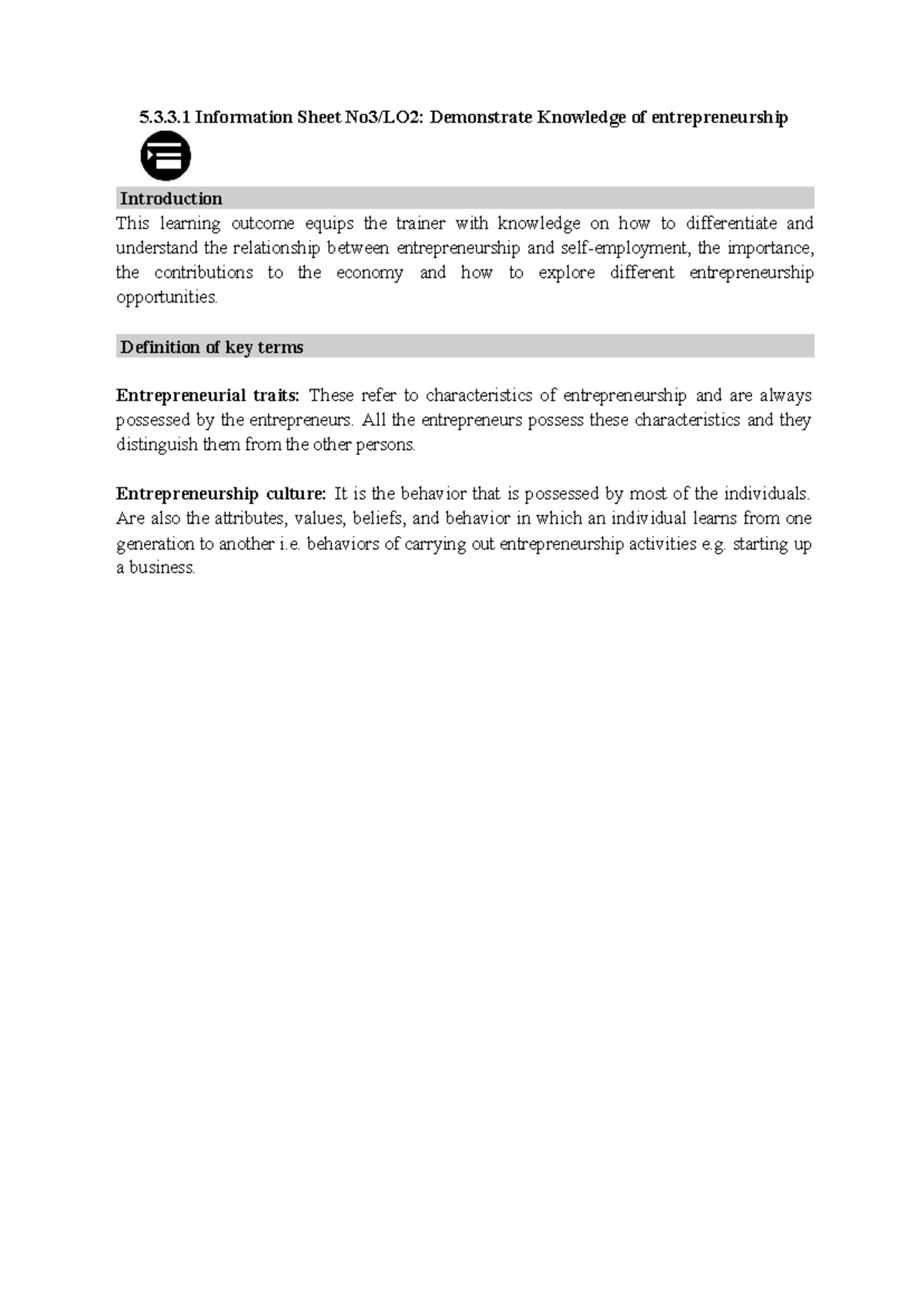 EE Module 2 - Course summary - 5.3.3 Information Sheet No3/LO2 ...
