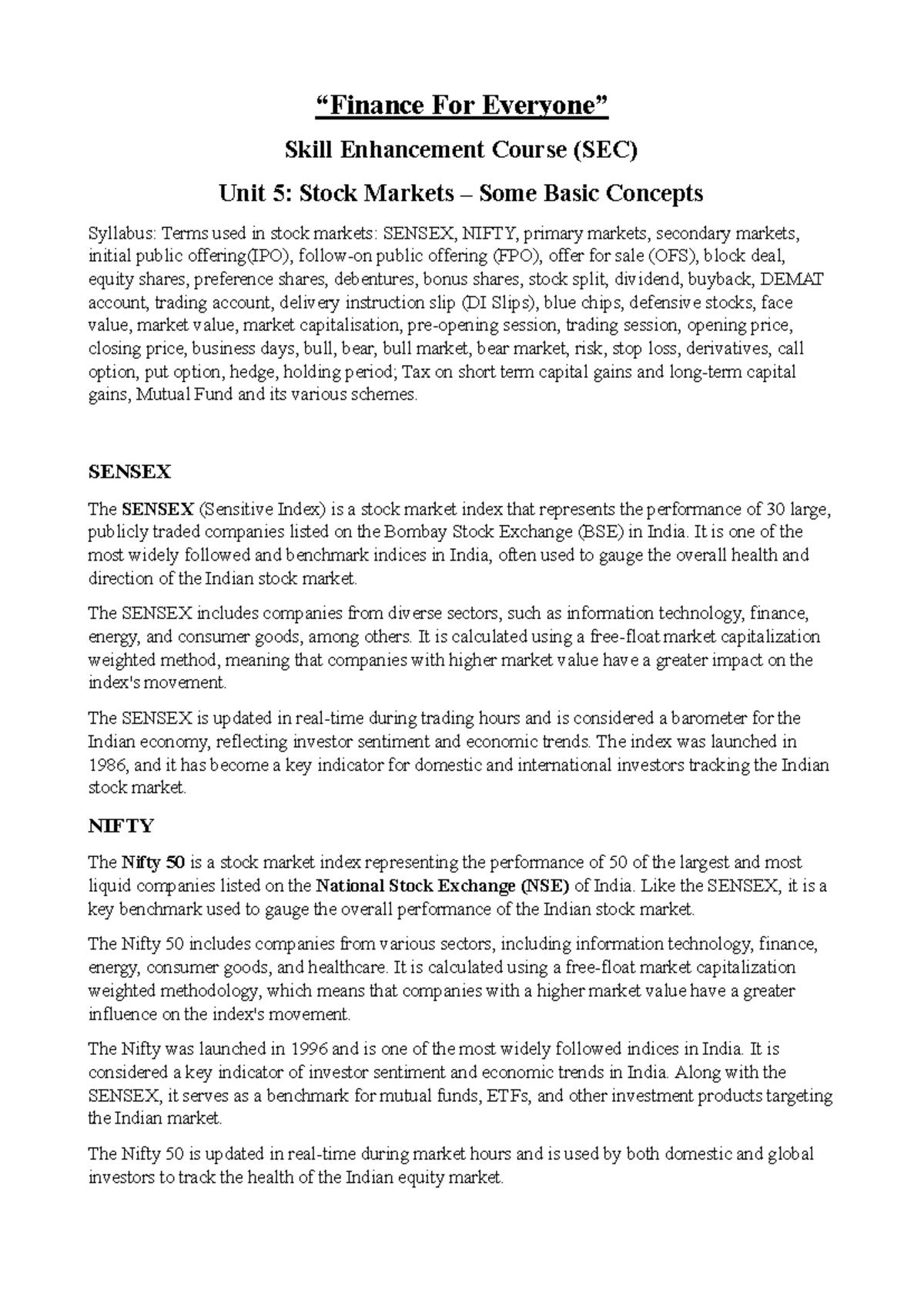 Finance for Everyone Unit 5 - “Finance For Everyone” Skill Enhancement ...