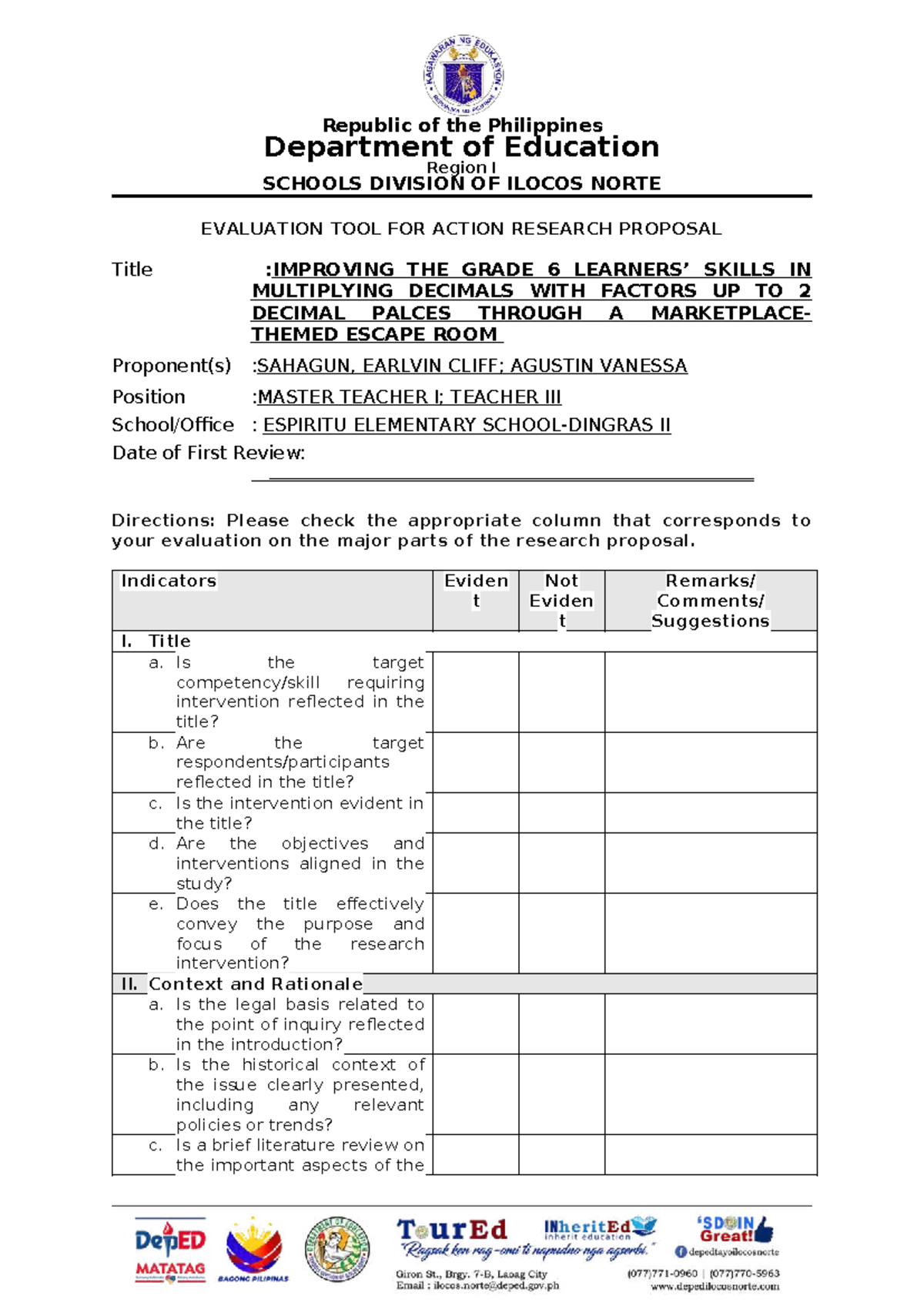 Evaluation Tool for Action Research Proposal: Improving Grade 6 Decimal ...