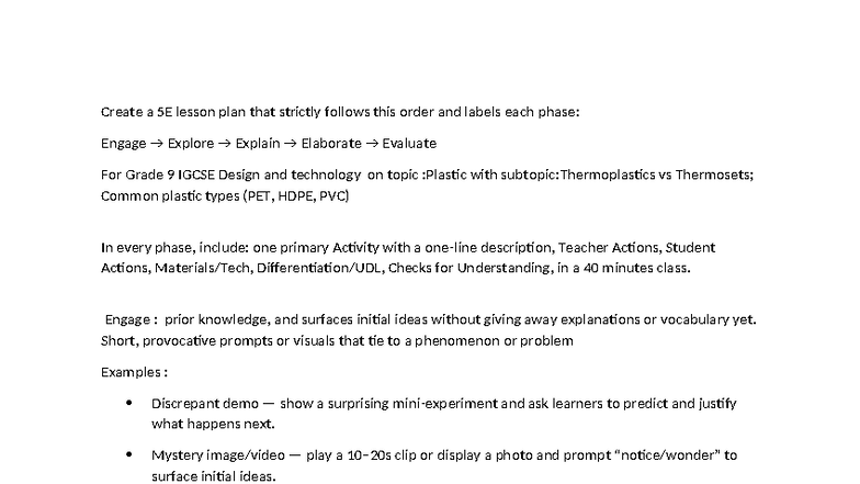 5E Lesson Plan for IGCSE Design & Tech: Plastics (Thermoplastics) - Studocu