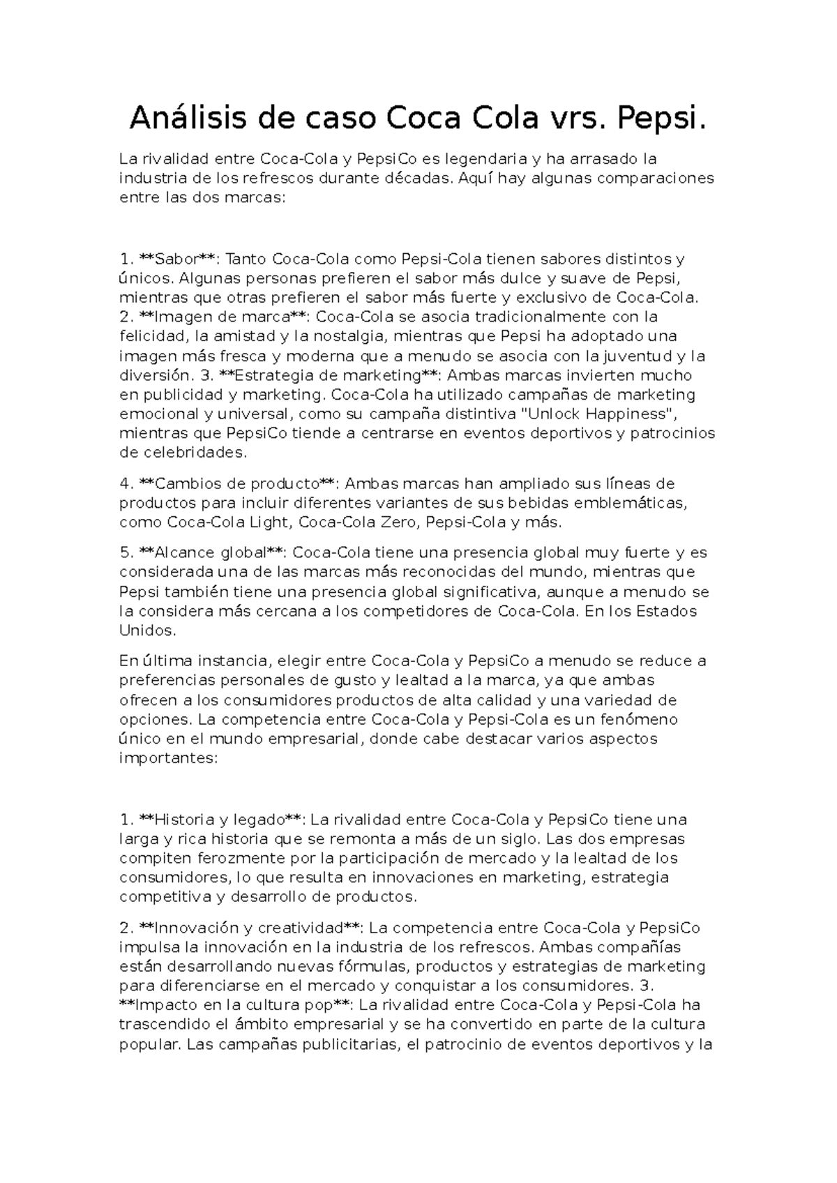 Análisis de Caso: Rivalidad Coca-Cola vs Pepsi en la Industria de ...