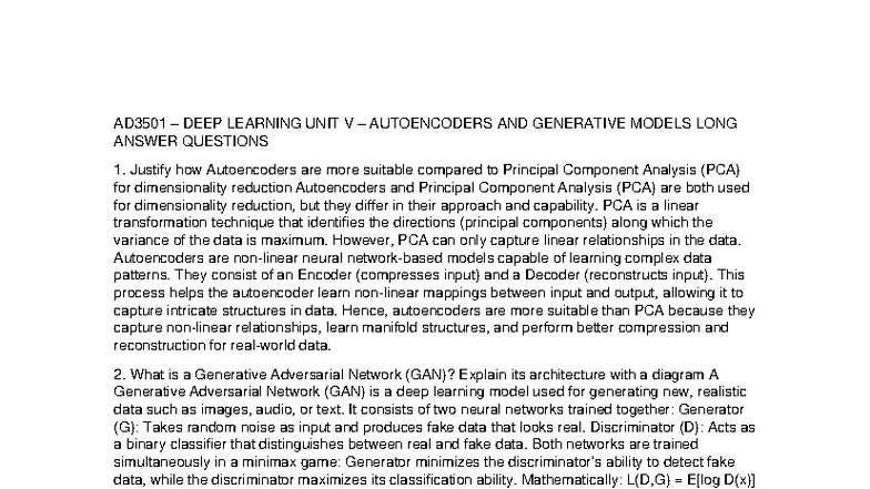 AD3501 Deep Learning Unit V: Long Answer Questions on Autoencoders ...