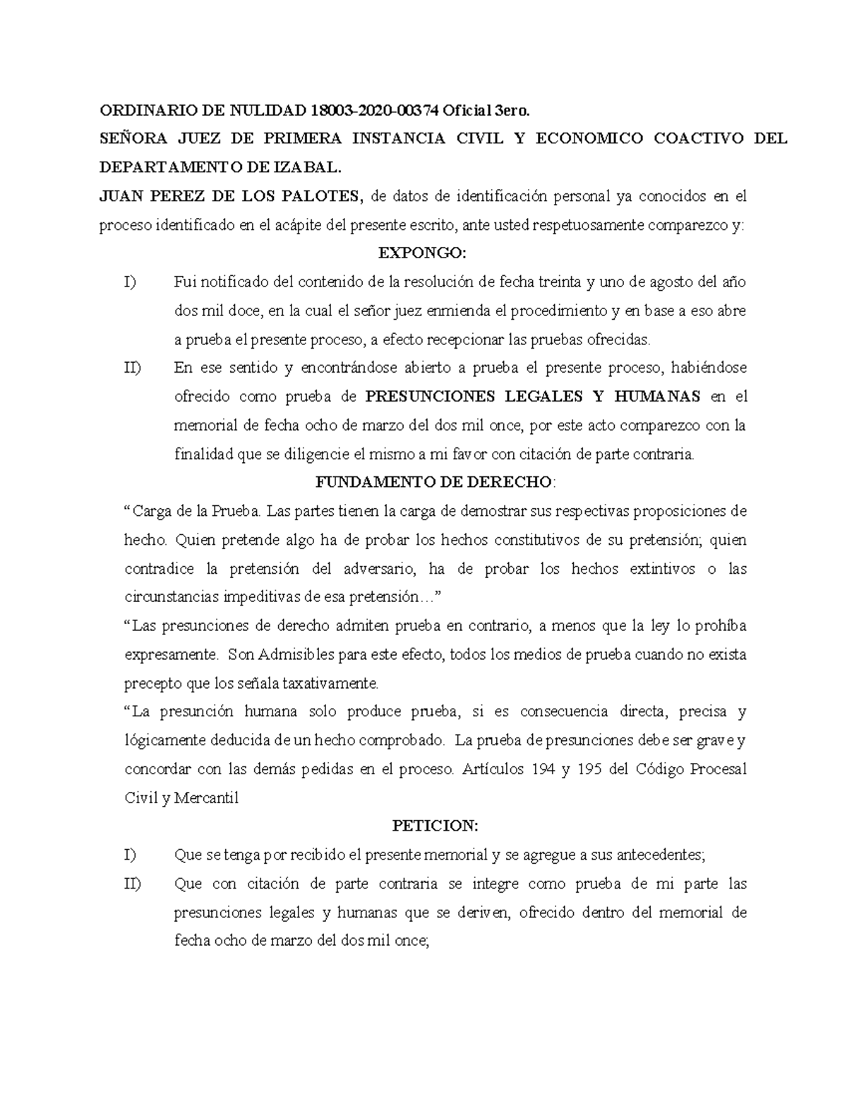 Memorial de Proposición de Prueba de Presunciones Legales - NULIDAD ...