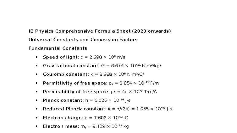 IB Physics SL/HL Comprehensive Formula Sheet (2023) - Studocu