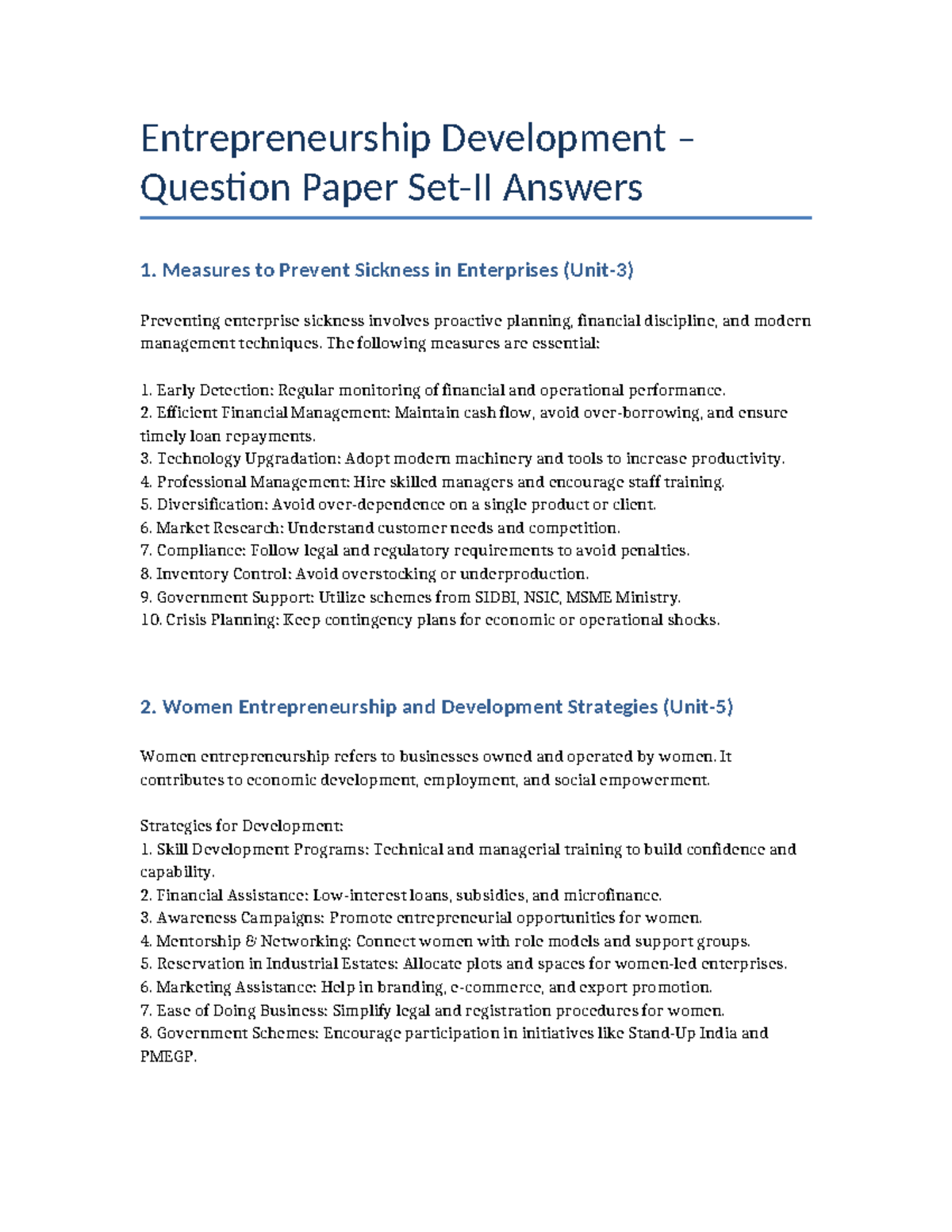 Entrepreneurship Development ED 101: Set II Question Paper Answers ...