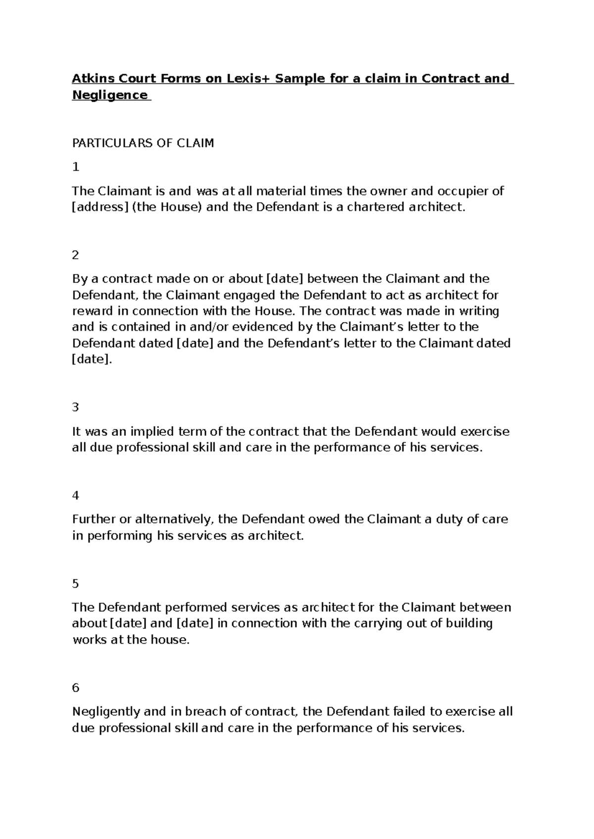 Atkins Court Forms: Sample Claim in Contract & Negligence - Studocu