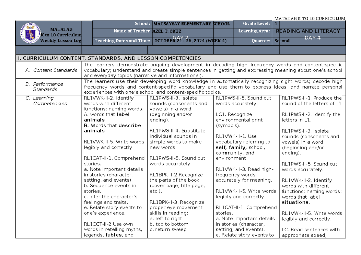 DLL Matatag Reading & Literacy 1 Q2 W4: Curriculum & Lesson Plan - Studocu