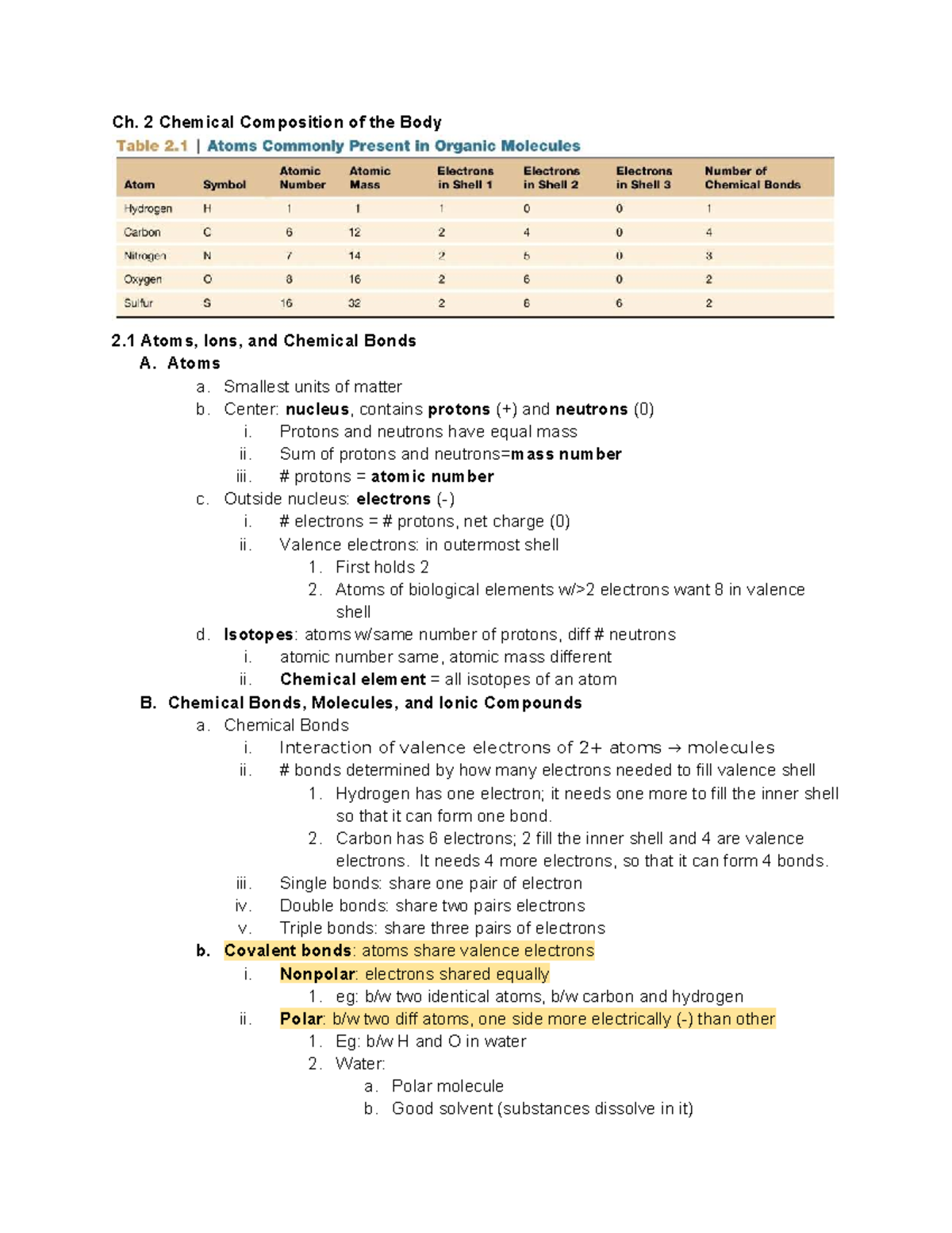 Phys3 2. Chem Ch. 2: Chemical Composition of the Body Notes - Studocu