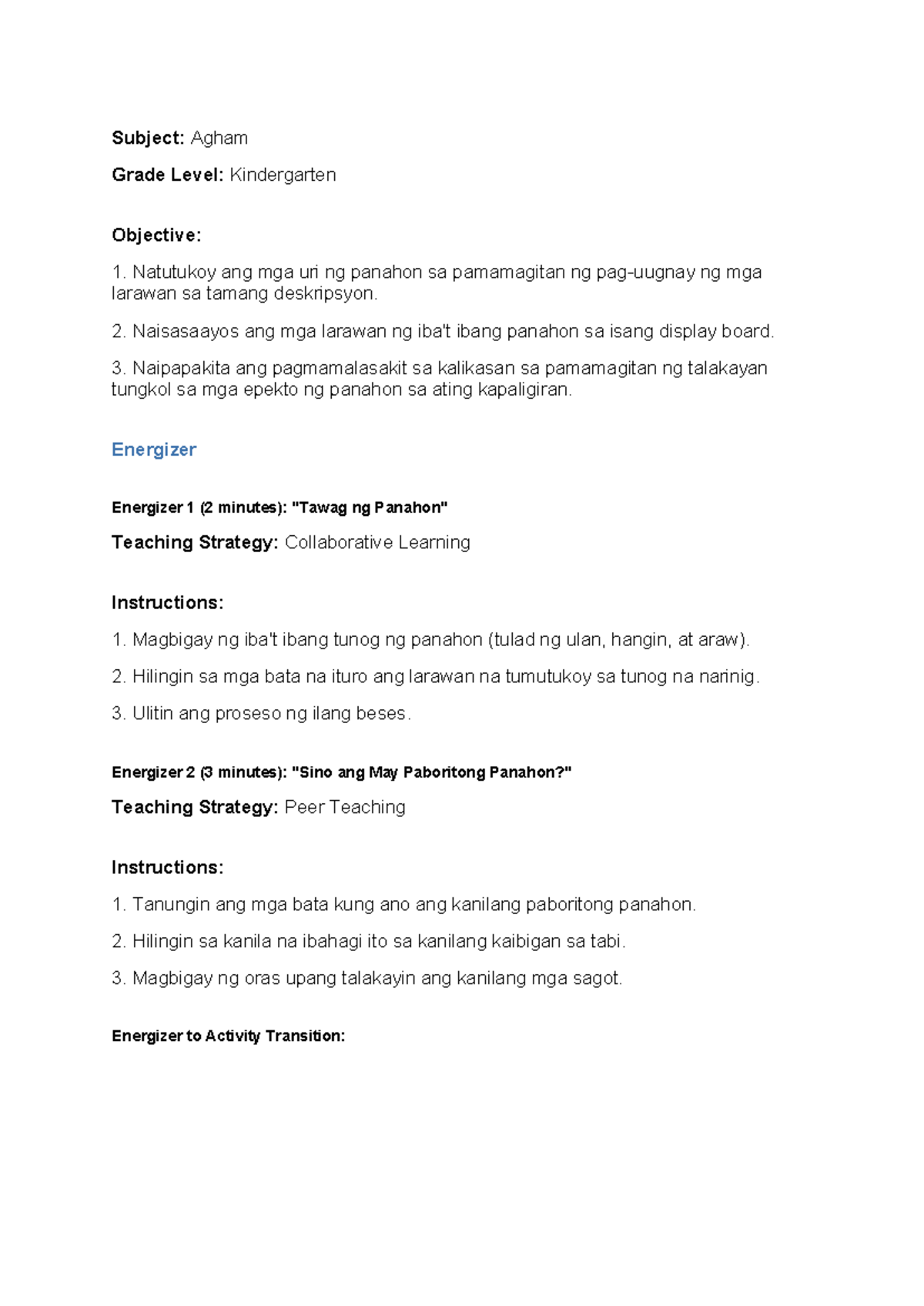 Lesson Plan: Agham sa Kindergarten - Mga Uri ng Panahon - Studocu