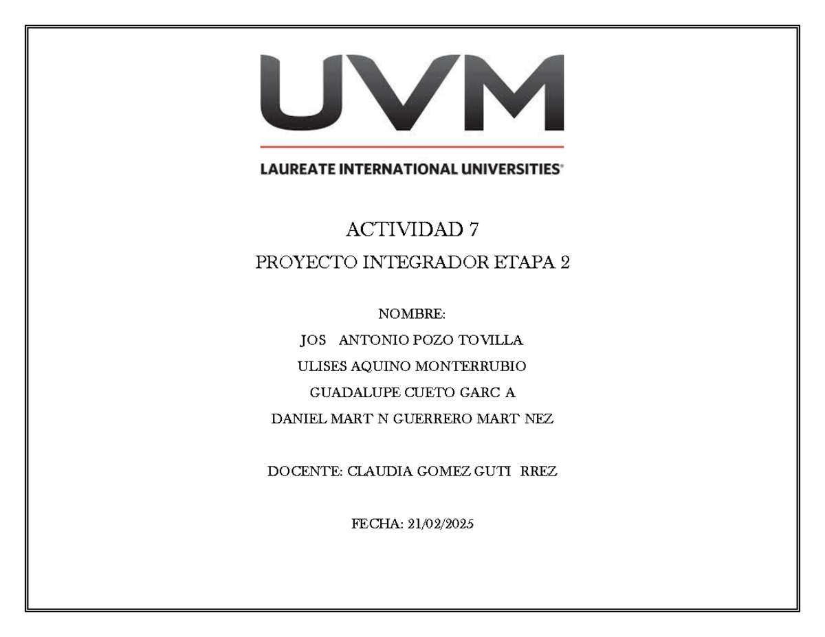 ACTIVIDAD 7 PROYECTO INTEGRADOR ETAPA 2: Innovaciones en la Industria - Studocu