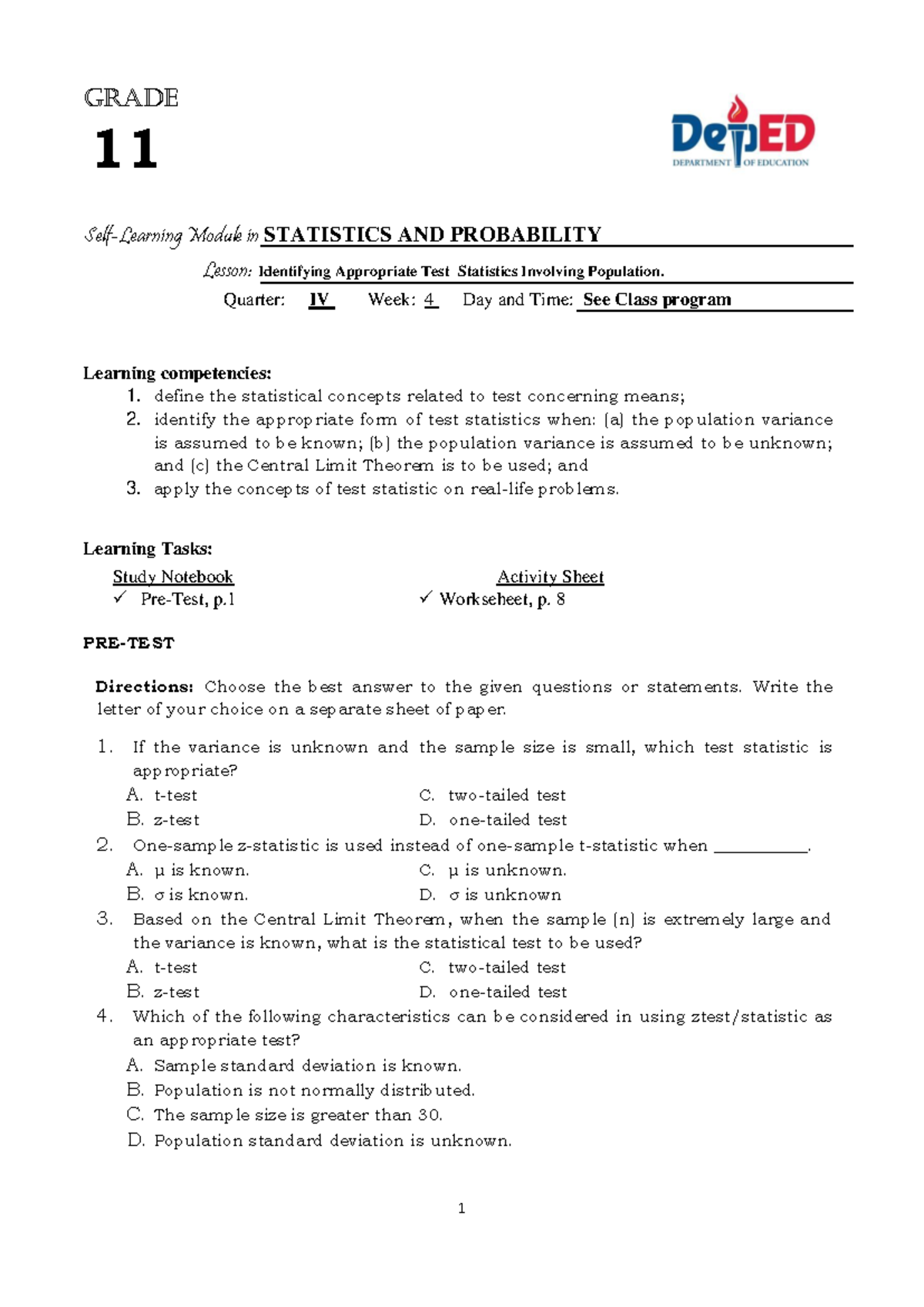 Quarter 4 Module 4 Stat - Grade 11 Self-Learning Module in STATISTICS ...