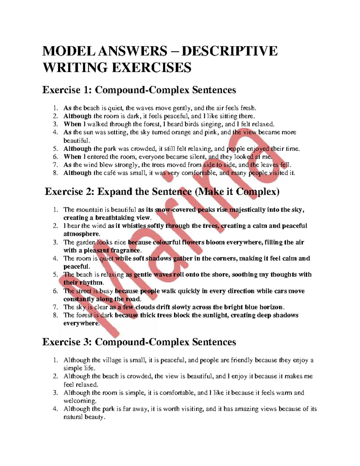MODEL ANSWERS FOR DESCRIPTIVE WRITING EXERCISES (ENG101) - Studocu