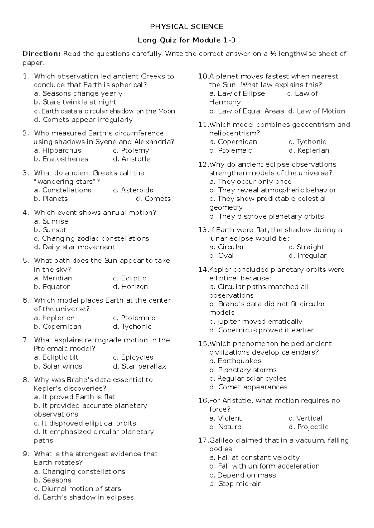 PHYSICAL SCIENCE Long Quiz for Modules 1-3 - Studocu