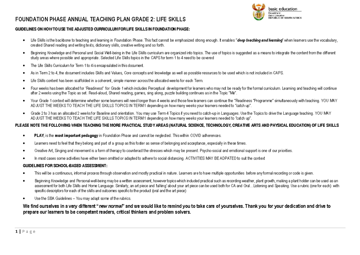 FOUNDATION PHASE ANNUAL TEACHING PLAN GRADE 2: LIFE SKILLS TERM 1 & 2 ...