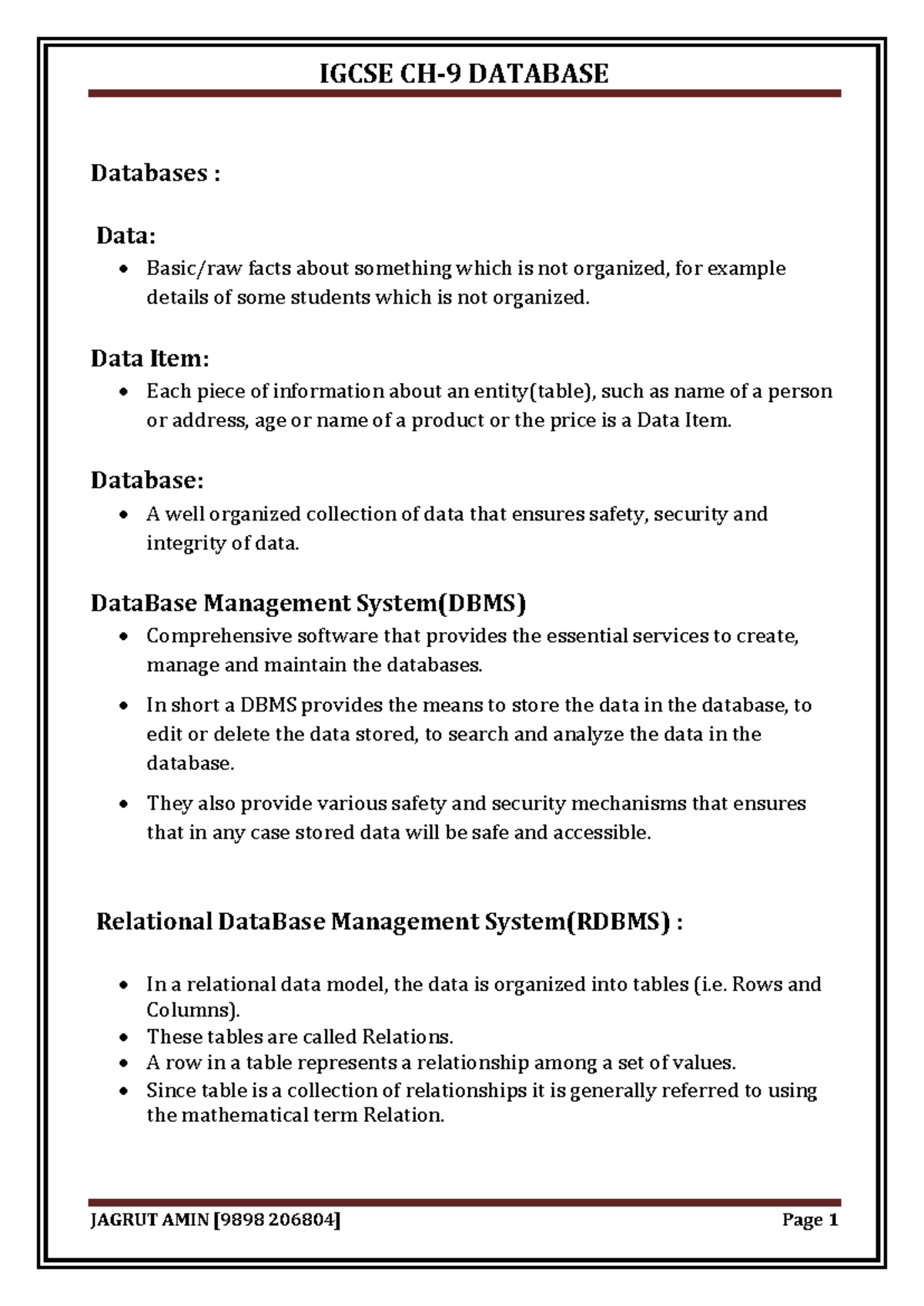 Igcse CH-9 Database Systems Study Notes: Concepts & SQL Commands - Studocu