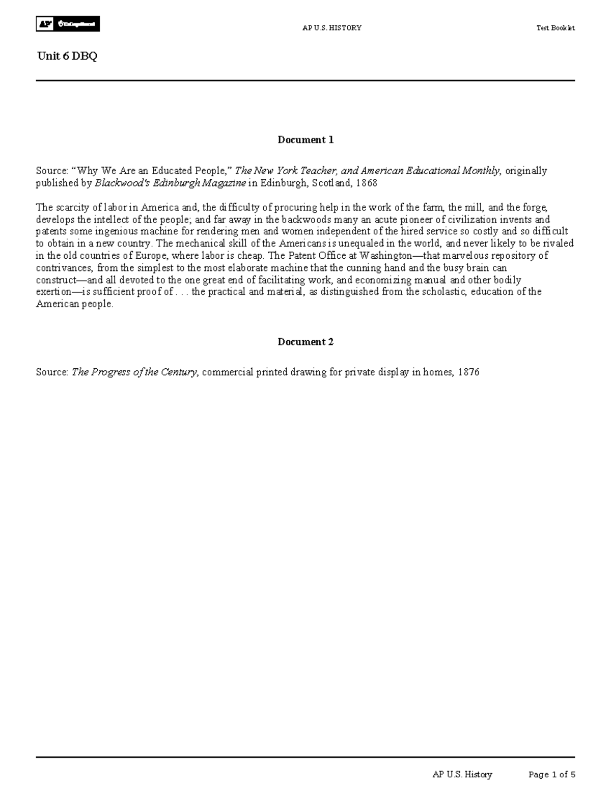 AP U.S. HISTORY Unit 6 DBQ Document Analysis and Insights - Studocu