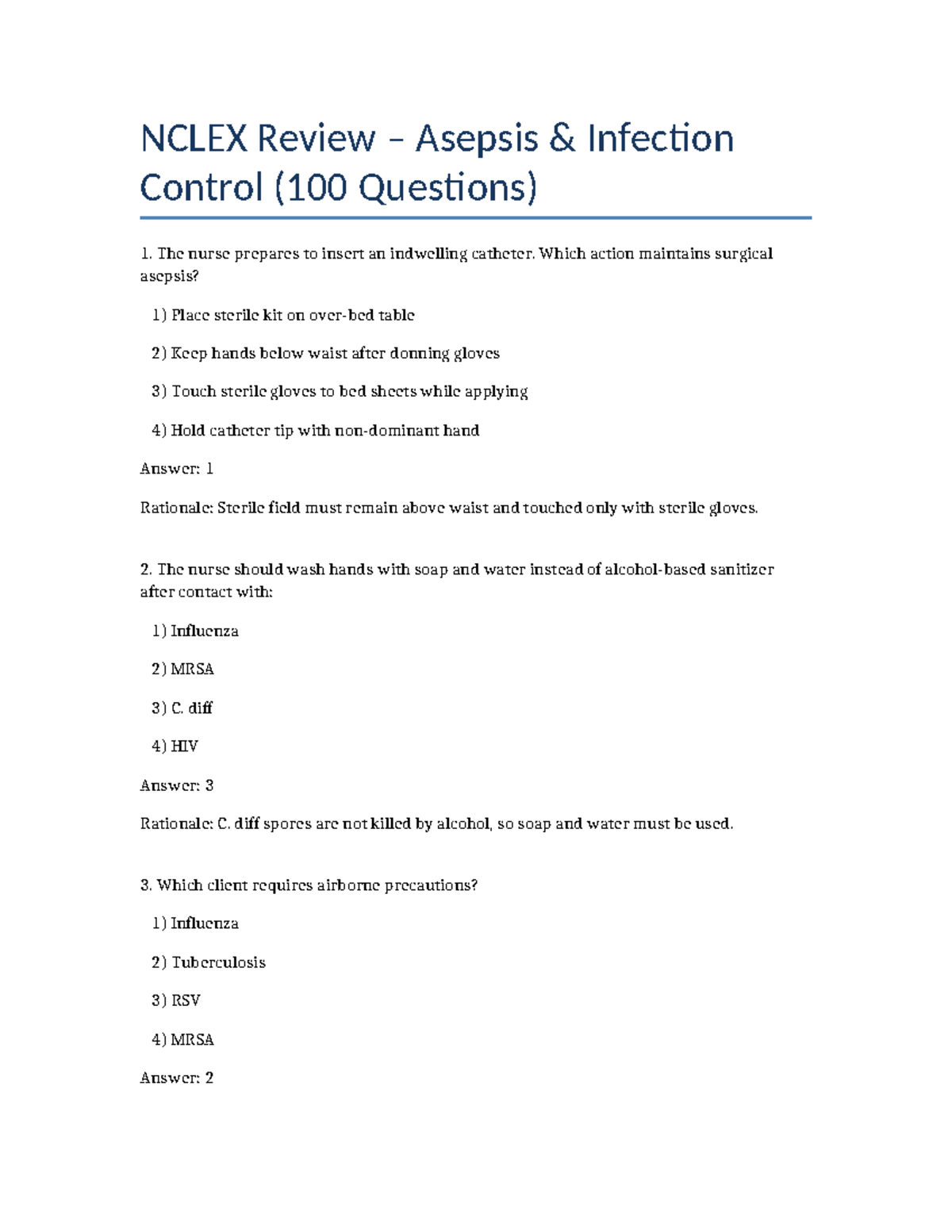 NCLEX Asepsis & Infection Control Review (100 Questions) - Studocu