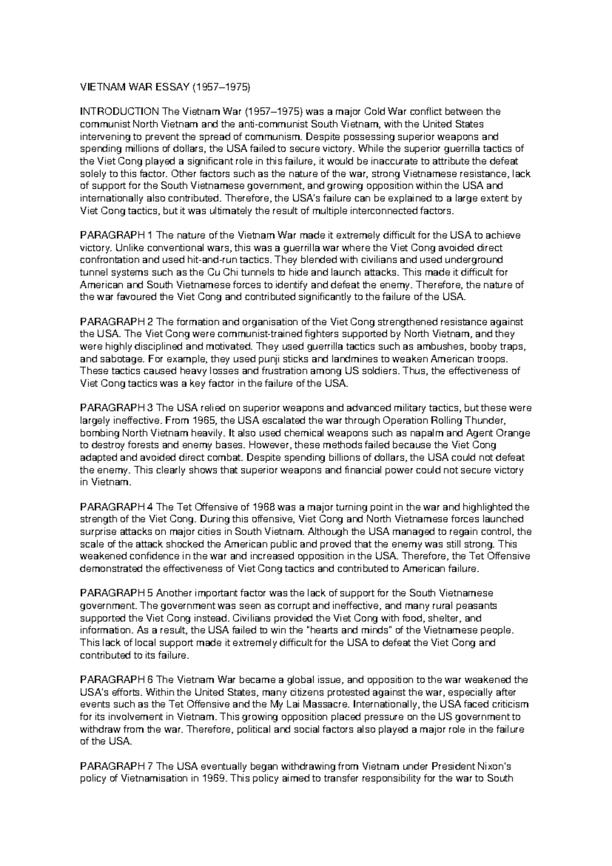Vietnam War Essay 2026: Analyzing Causes of US Failure - Studocu