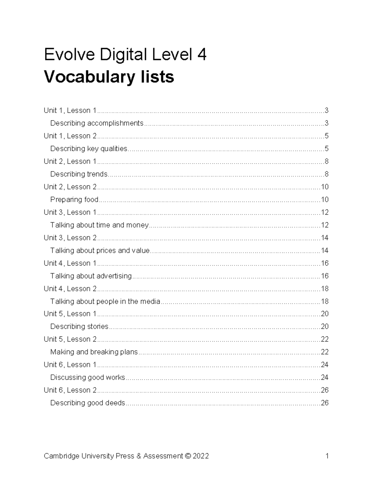 Evolve Digital Level 4 Vocabulary Lists: Units 1-6 Overview - Studocu