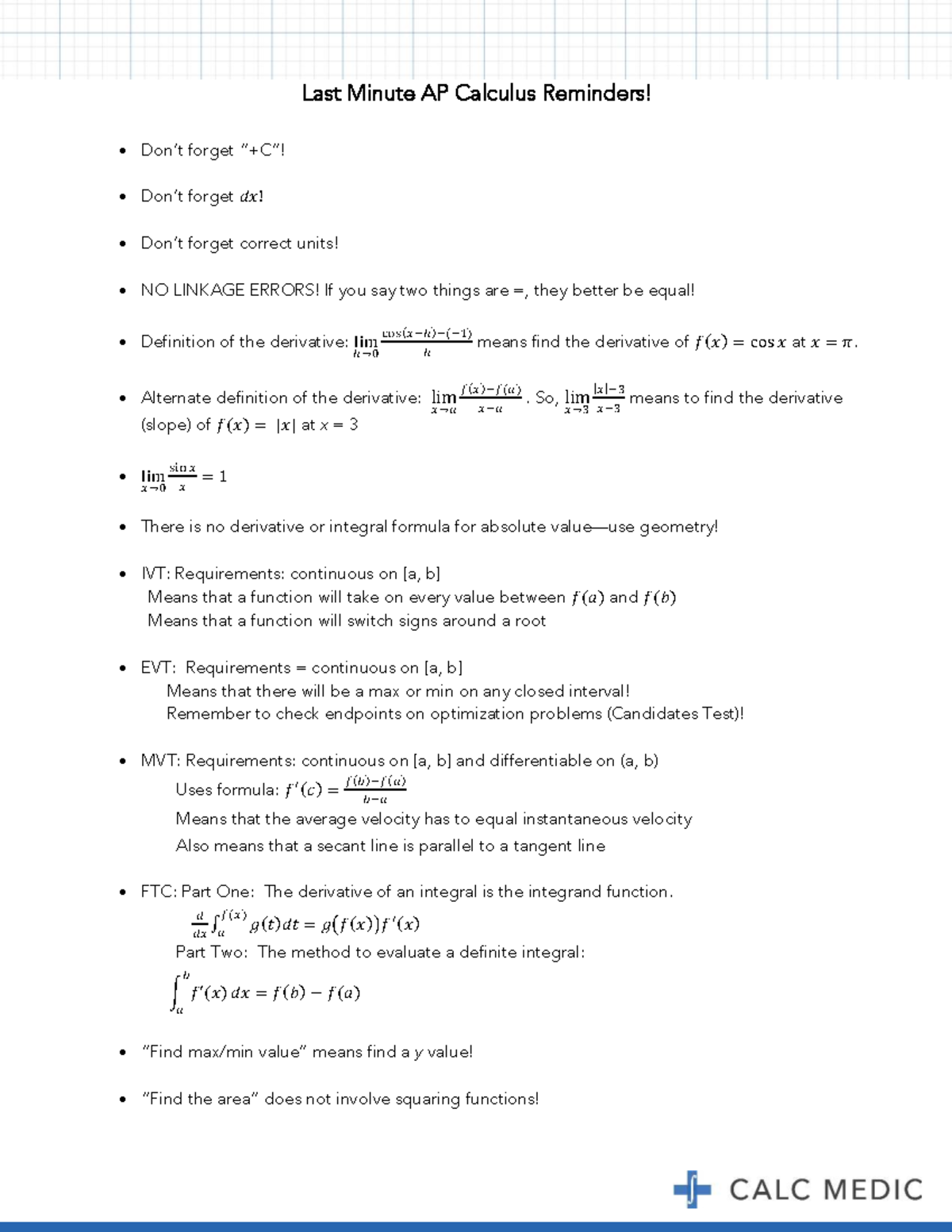 AP Calculus Last Minute Reminders for Exam Prep! - Studocu