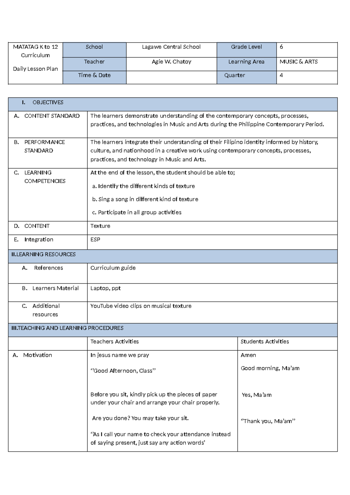 MUSIC 6 Daily Lesson Plan: Understanding Texture in Music - Studocu