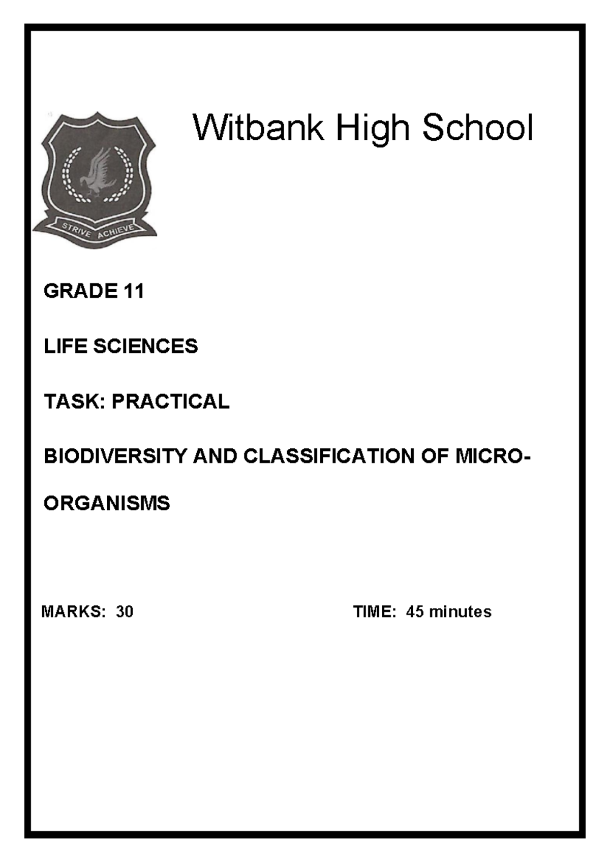 GRADE 11 LIFE SCIENCES WHS FEB 2025: Practical Task on Microbial ...