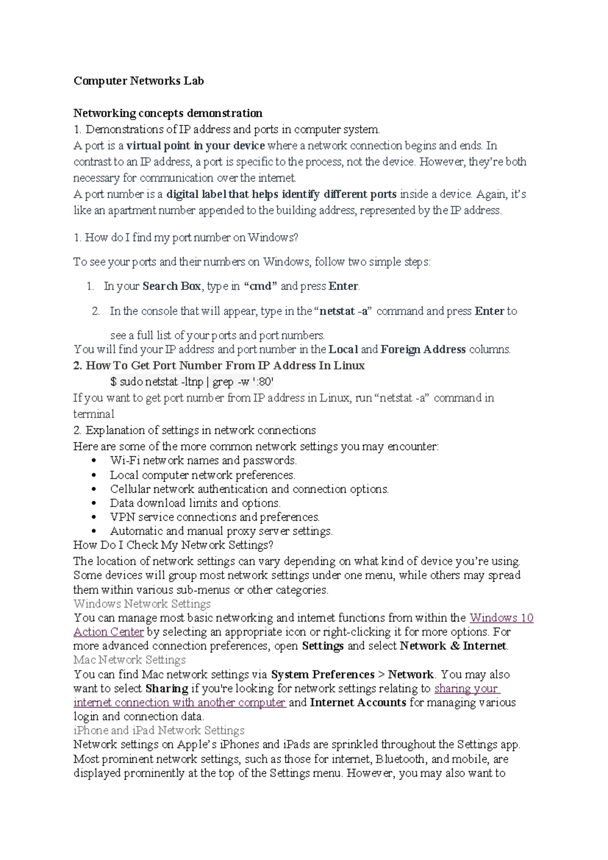 Computer Networks Lab: Demonstrations, Commands, and Configurations - Studocu