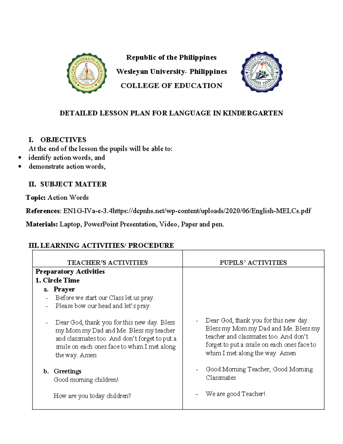 Detailed Lesson Plan on Action Words for Kindergarten (EDU 101) - Studocu