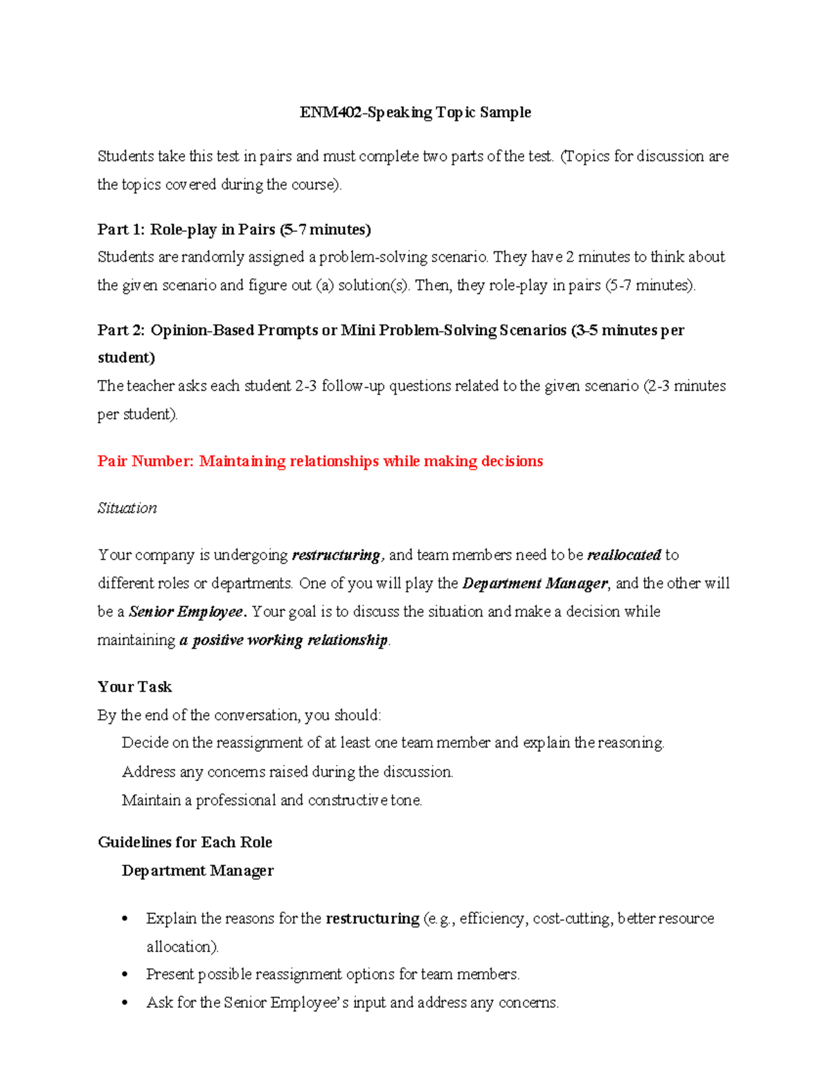 ENM402 Speaking Test: Pair Scenario Discussion Guidelines - Studocu
