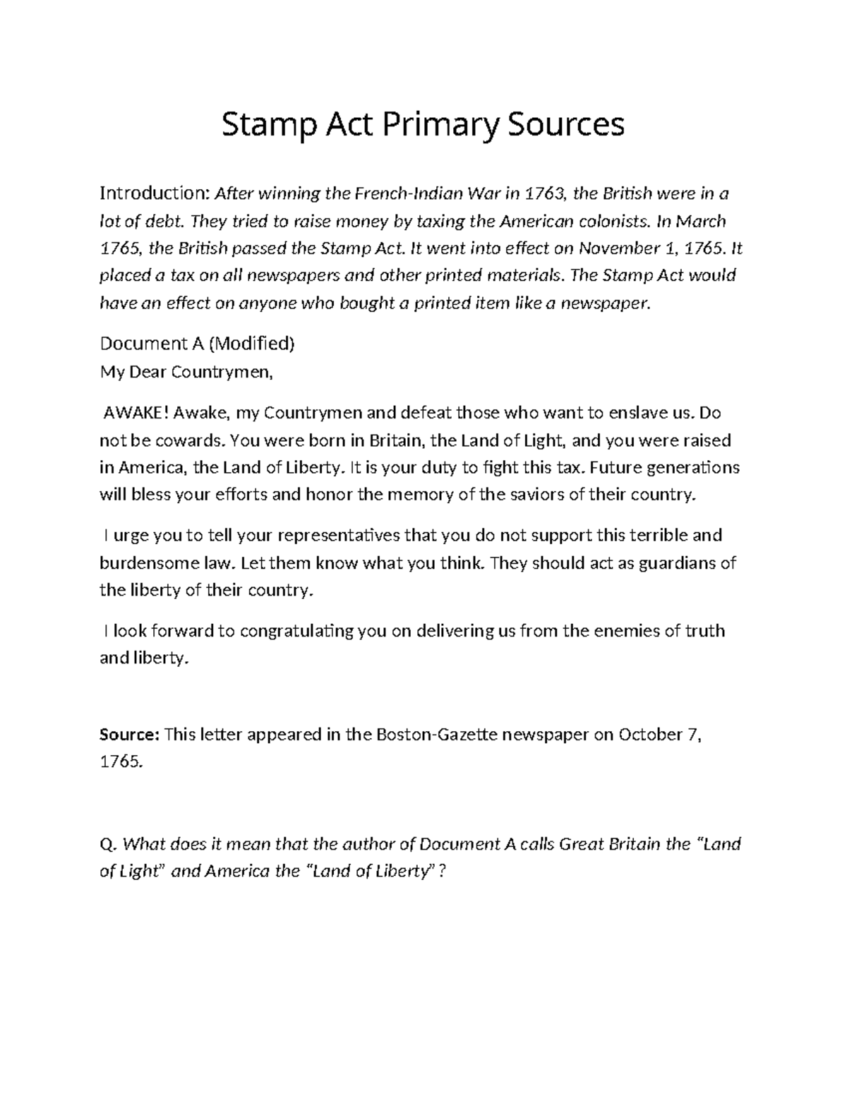 Stamp Act Primary Sources Analysis: Perspectives & Reactions - Studocu