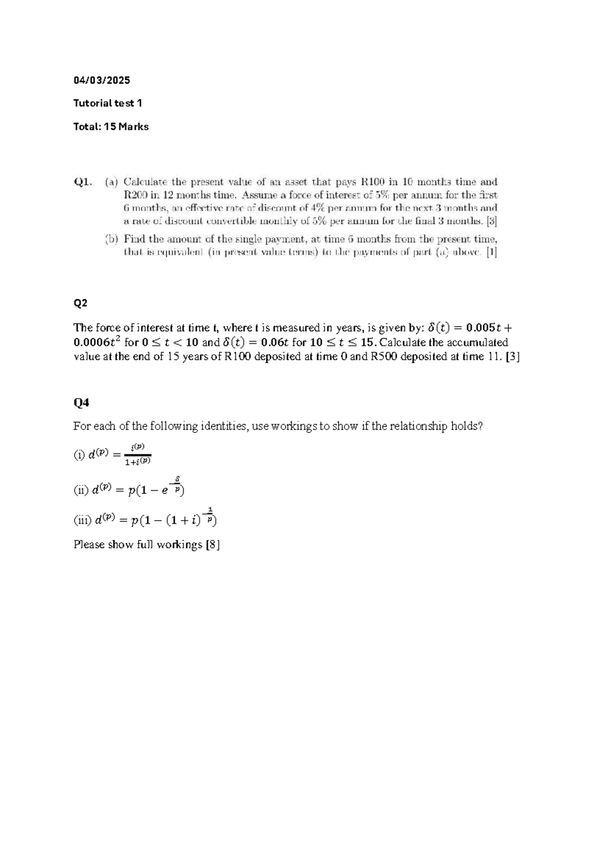 Tut test 1 - Tutorial on interest rates and annuities - 04/03/ Tutorial ...
