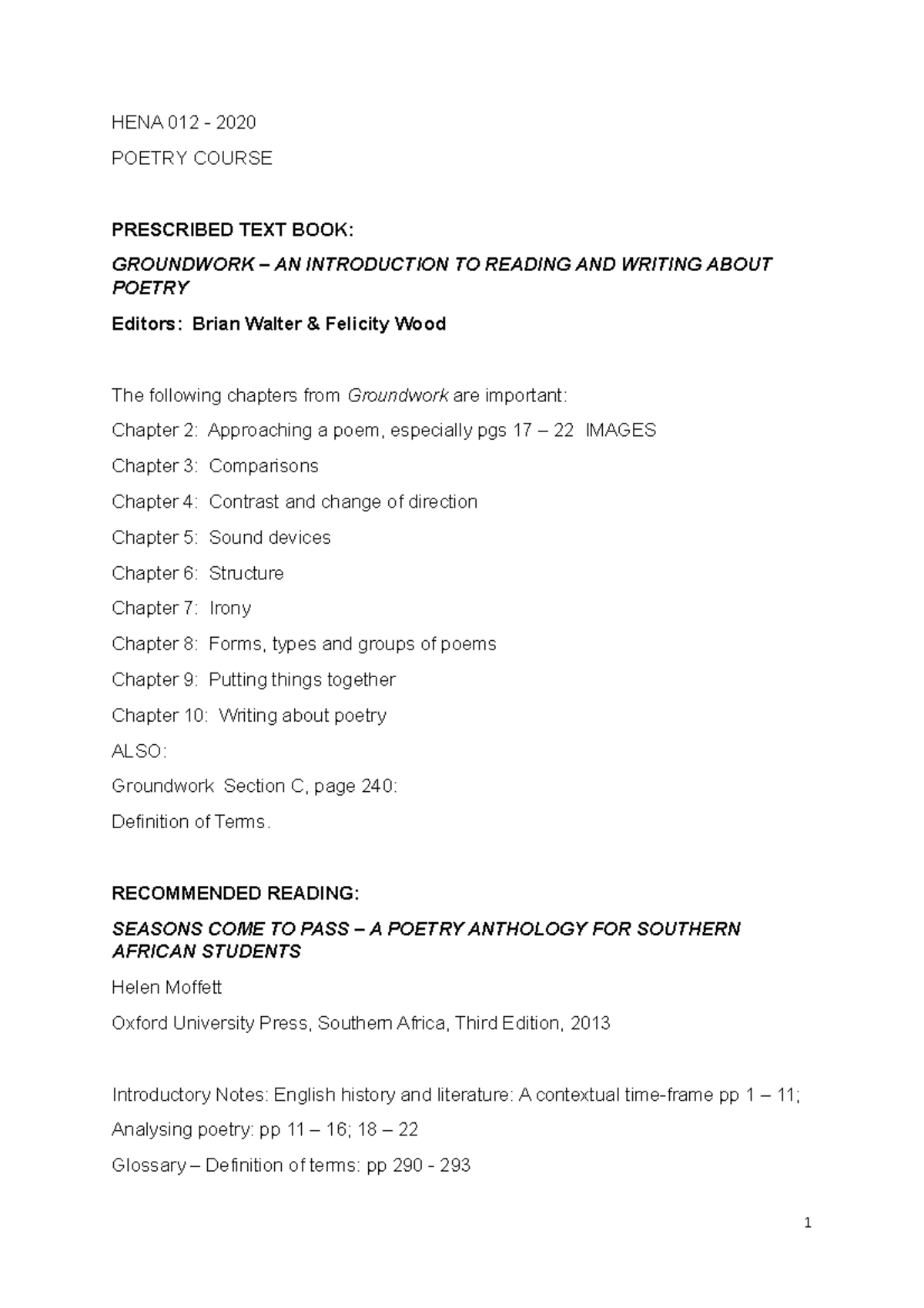 HENA012 Poetry Course Pack: Essential Readings & Analysis Guide - Studocu