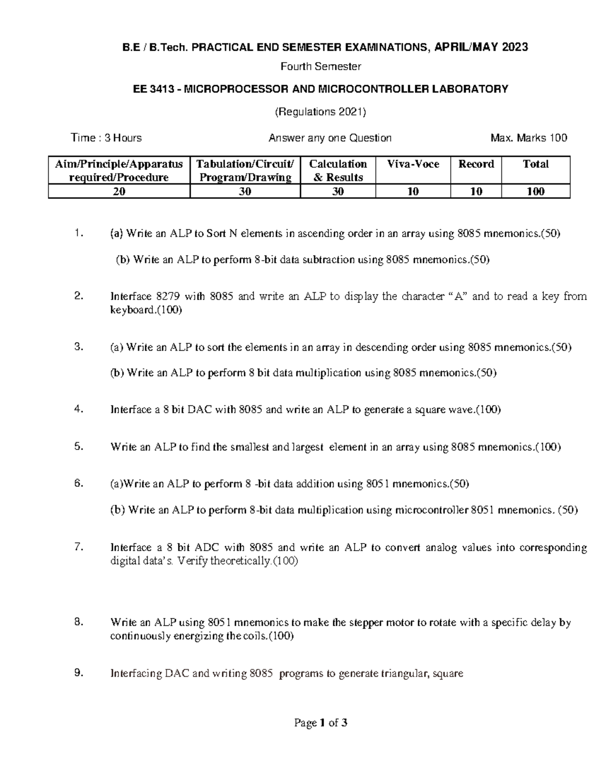 EE3413 Microprocessor Lab Manual: End Semester Practical Guide - Studocu