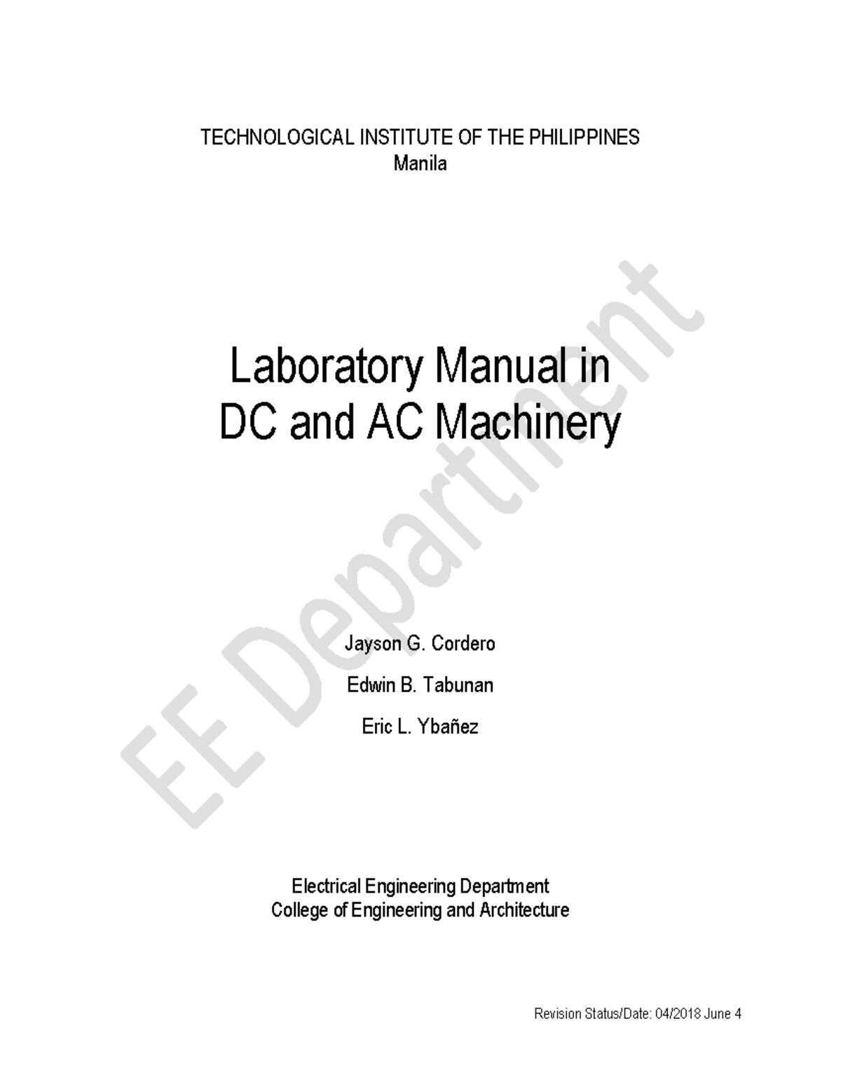 EE 313 Laboratory Manual: DC and AC Machinery Experiments Guide - Studocu