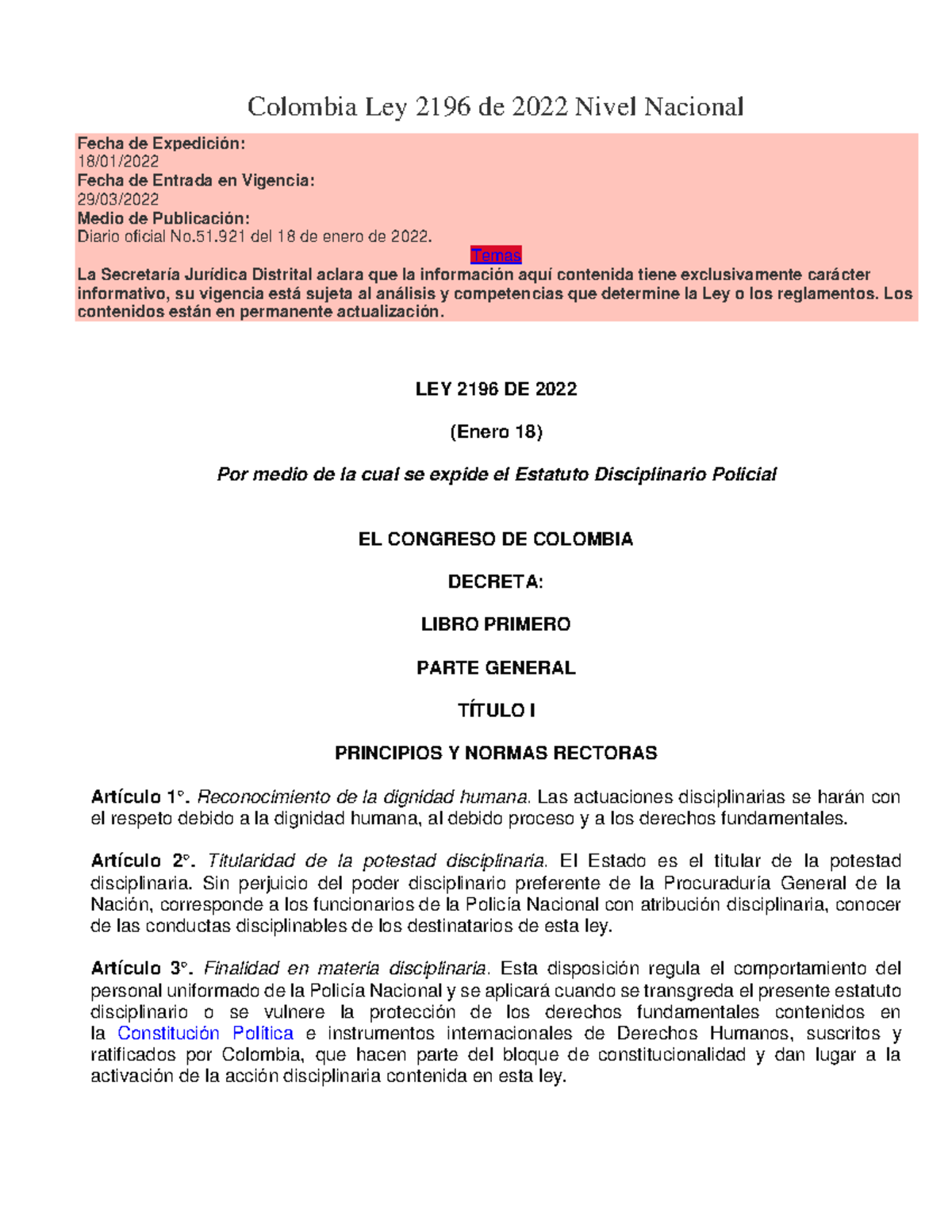 Colombia Ley 2196 de 2022 Nivel Nacional - Colombia Ley 2196 de 2022 Nivel Nacional Fecha de ...