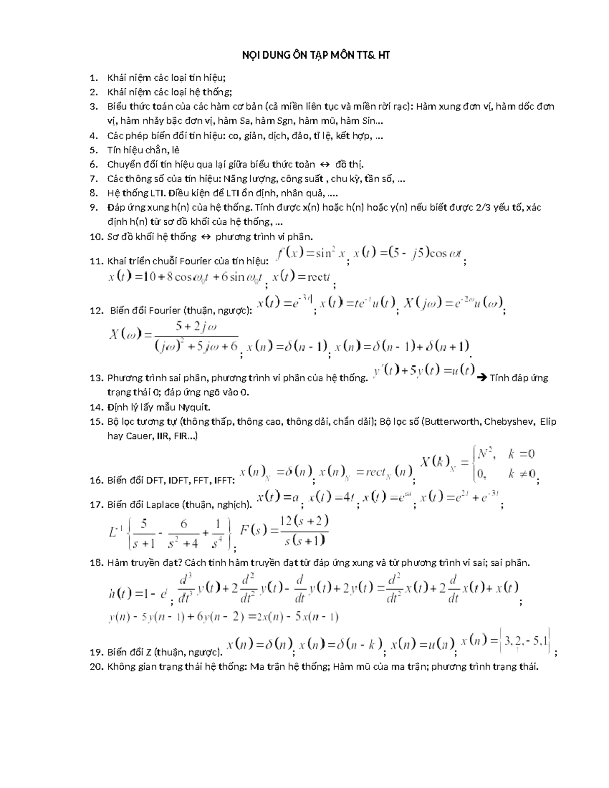 Câu Hỏi Ôn Tập Môn HT 1 - THHT: Tín Hiệu và Hệ Thống LTI - Studocu