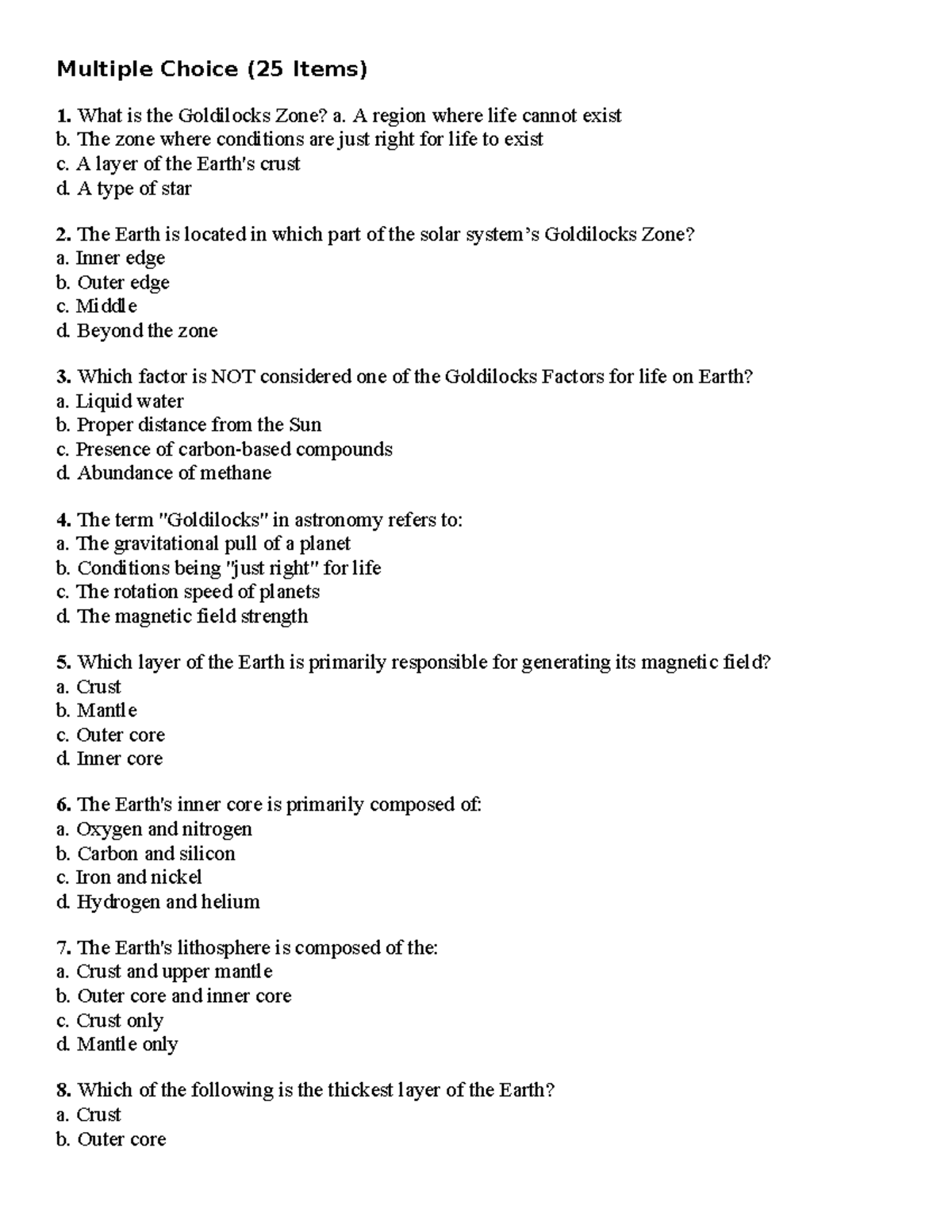 Multiple Choice Questions on the Goldilocks Zone and Earth's Layers ...